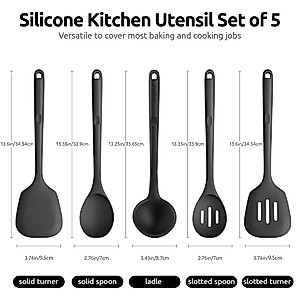 Silicone Kitchen Cooking Utensil Set: U-Taste High Heat Resistant 13.6in Long Kitchen Gadgets, BPA Free Non Stick Rubber Cook Accessories For Stir Frying, Serving, Basting, Mixing (5 Pieces, Black)