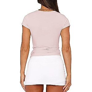 PRIMODA Women's Short Sleeve Slim Fitted Tee Shirt Top Basic Casual Crew Neck Workout Crop Top (Pink L)