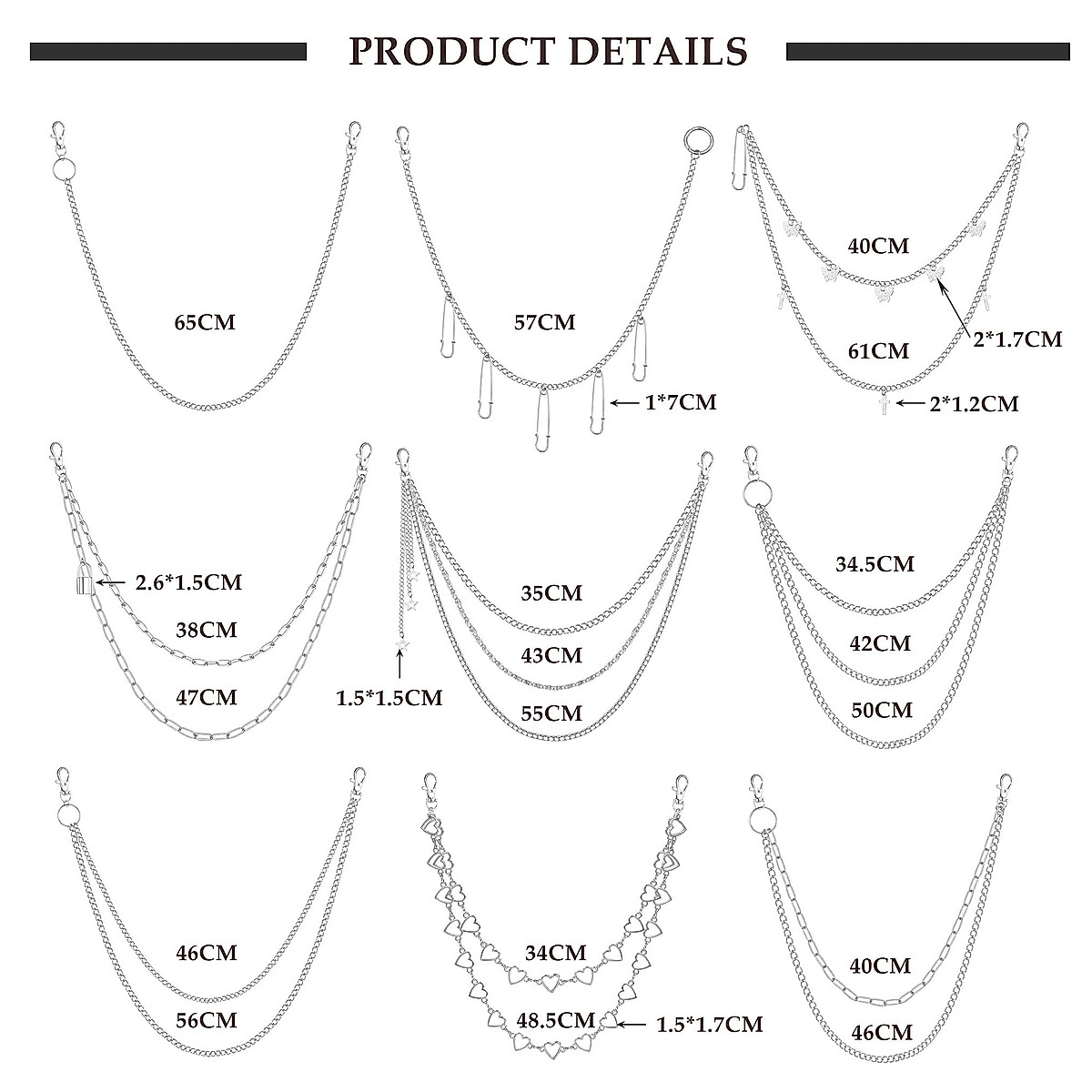 Kakonia 9 Pcs Pants Chain Pocket Chain Butterfly Lock Star Hip Hop Punk Belt Wallet Chains Multi-Layer Jean Chains for Women Men