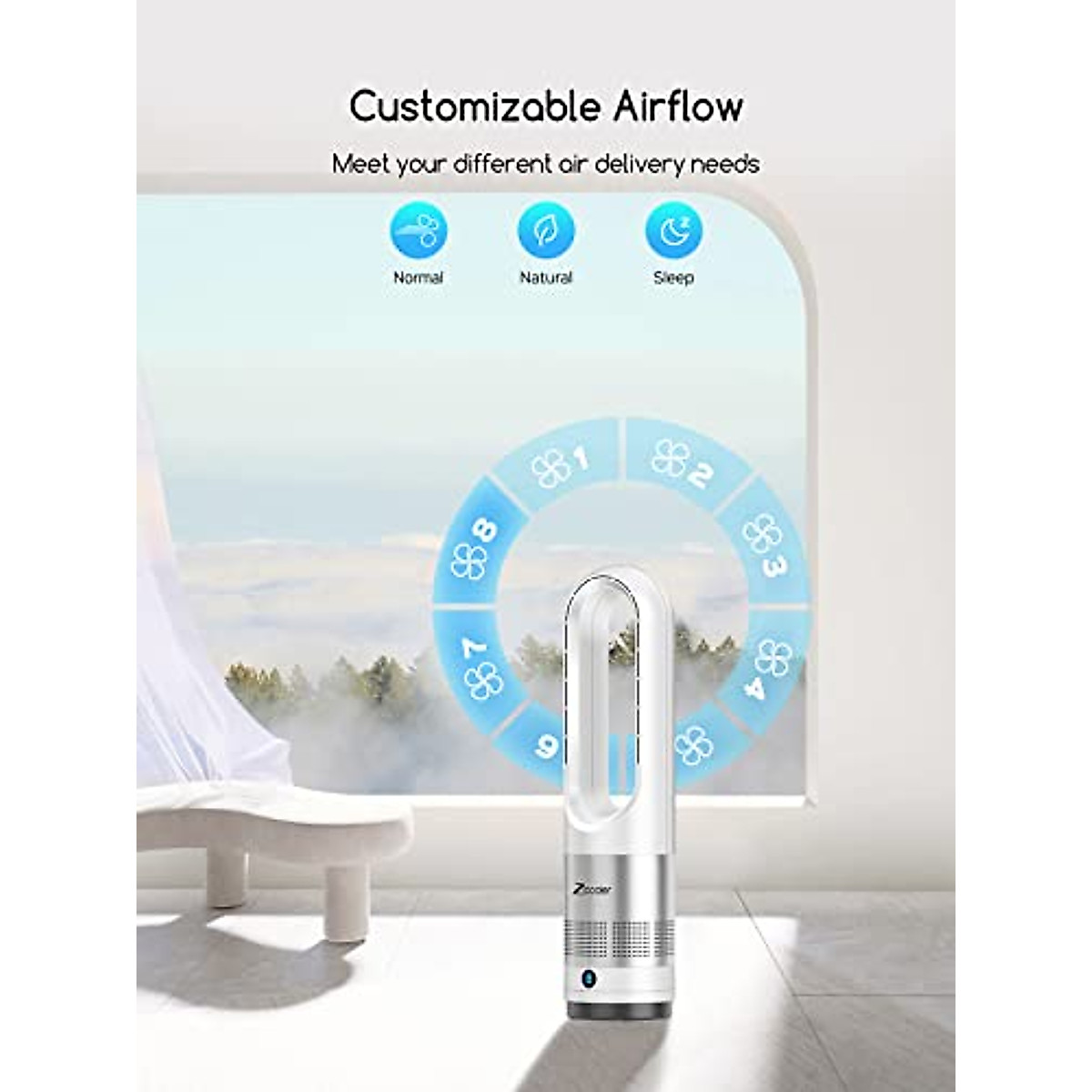 ZICOOLER Tower Fan for Bedroom, 22 Inch Bladeless Fan, 80° Oscillating with Remote, 8 Speeds, 8H Timer, Quiet Desk Cooling Standing Floor Fans Indoor Home Office Room, White