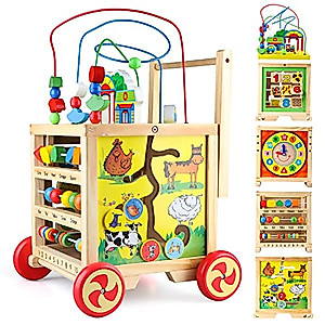 FOPNETS Wooden Toys for 1 2 Year Old Boys Girls Activity Cube Gift Set Developmental Montessori Learning Educational Toys for Toddlers Removable Bead Maze Shape Sorter 6 in 1 First Birthday Gifts
