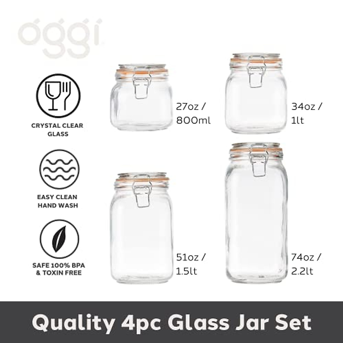 Oggi 4 Piece Airtight Glass Storage Containers Set - Includes 4 Glass Kitchen Canisters with Clamp Lids & Silicone Seals - Farmhouse Kitchen Décor, Kitchen Storage, Pantry Storage, Food Storage