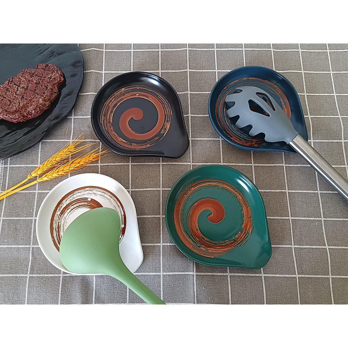 Homyne Ceramic Spoon Rest for Stove Top, Hand Painted Brown Swirl Spoon Rest for Kitchen Counter, Retro Cooking Spoon Holder for Kitchen Counter, Utensil Rest for Spatula Ladle or Tong (Grass Green)