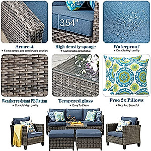 ovios Patio Furniture Sets 6 PCS High Back Outdoor Wicker Rattan Sofa Sectional Set with Coffee Table Garden Backyard Porch (Denim Blue-Grey)