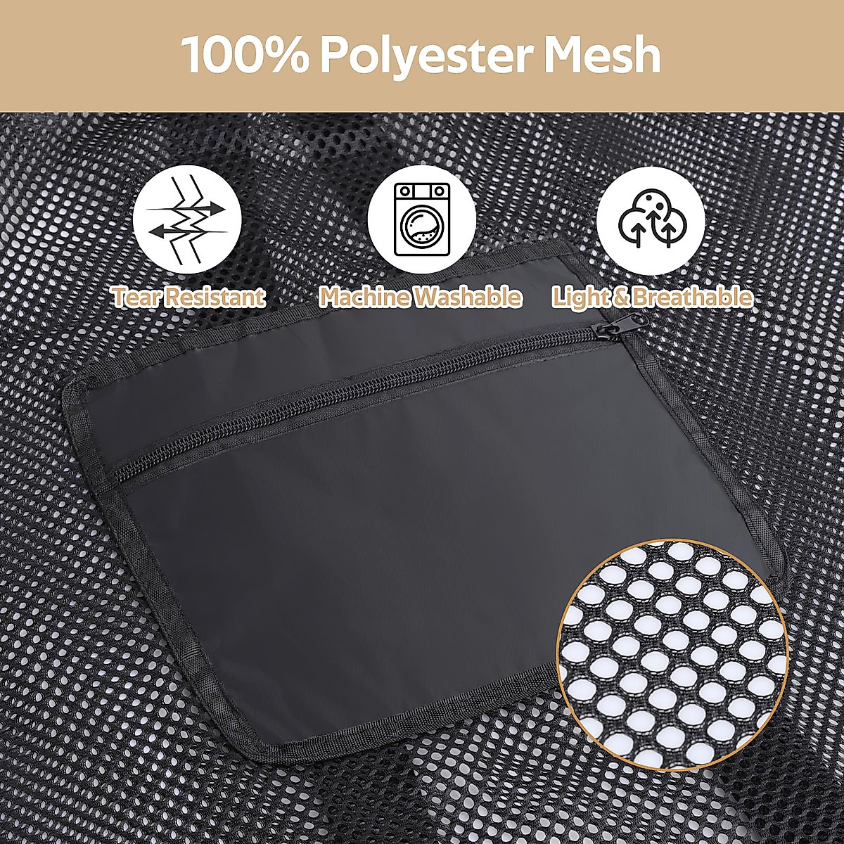 OTraki Mesh Laundry Bag Backpack 36 x 28 Inch Extra Large Drawstring Mesh Wash Bag with Shoulder Straps Zipper Pocket Heavy Duty Dirty Clothes Travel Laundry Bag for Home College Dorm Apartment Black