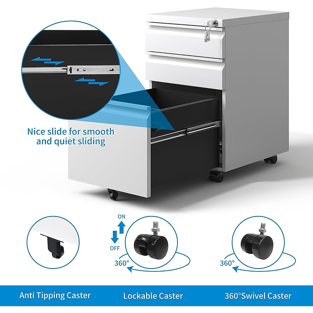 Daokesecr Filing Cabinets for Home Office, 3 Drawer File Cabinet with Lock, Under Desk Home Office Cabinet, Locking File Cabinet for A4/Letter/Legal, Fully Assembled Expect Casters, Matte White