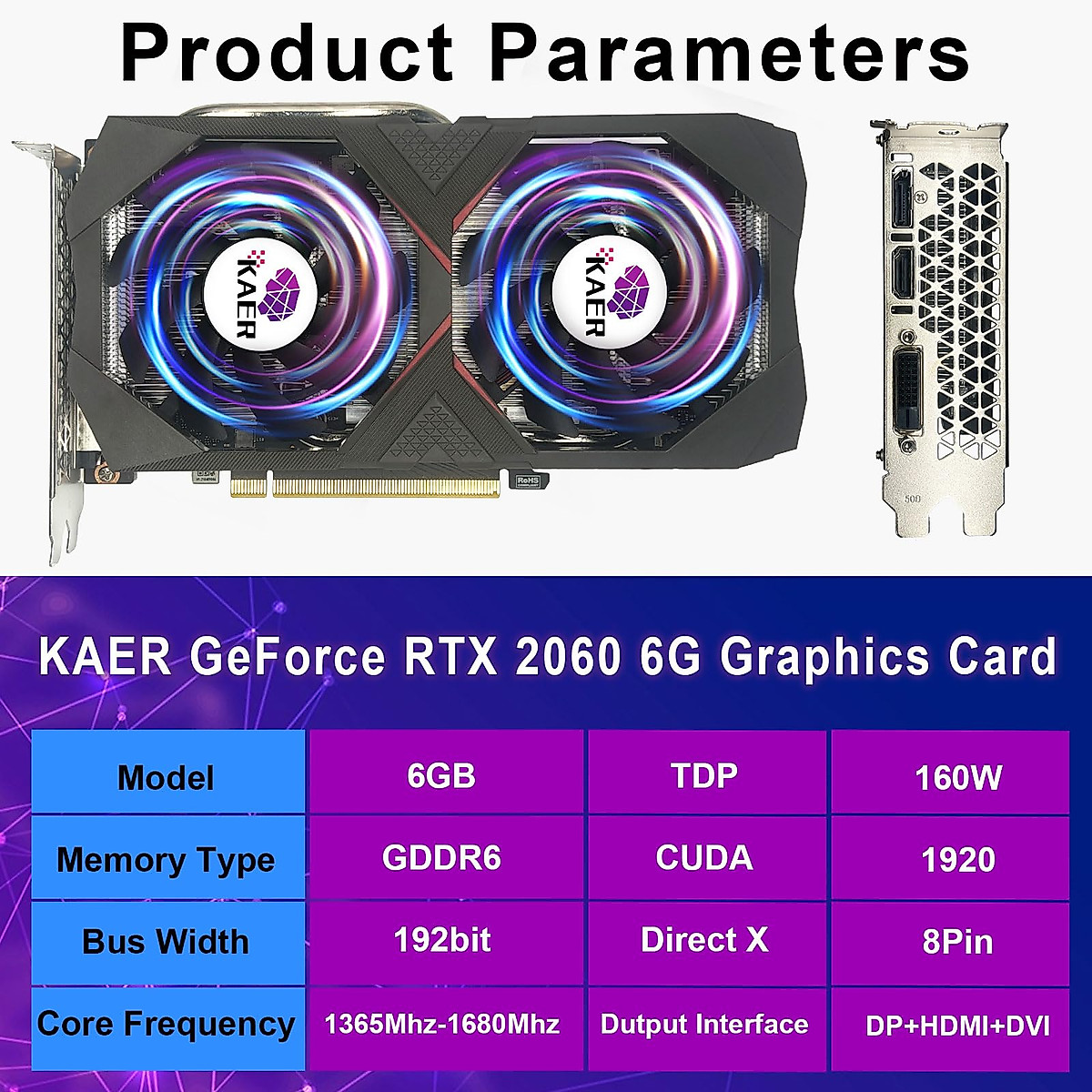 KAER Gaming GeForce RTX 2060 6GB GDRR6 192-Bit HDMI/DP/DVI 1680MHz Dual Fans ray-tracing Graphics Card