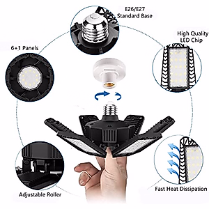 2 Pack LED Garage Light, 185W Deformable LED Garage Ceiling Lights with 6+1 Adjustable Panels 18500LM Super Bright Led Shop Lights for Garage Basement Warehouse Supermarket Fit E26/E27 Socket