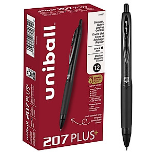 uniball 207 Plus+ Retractable Gel Pens 12 Pack in Black with 0.7mm Medium Point Pen Tips - Uni-Super Ink+ is Smooth, Vibrant, and Protects Against Water, Fading, and Fraud