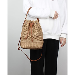 Van Caro Shoulder Bucket Bag Straw Tote StrawHandwoven Drawstring Beach/Crossbody Bag for Women,Light Coffee