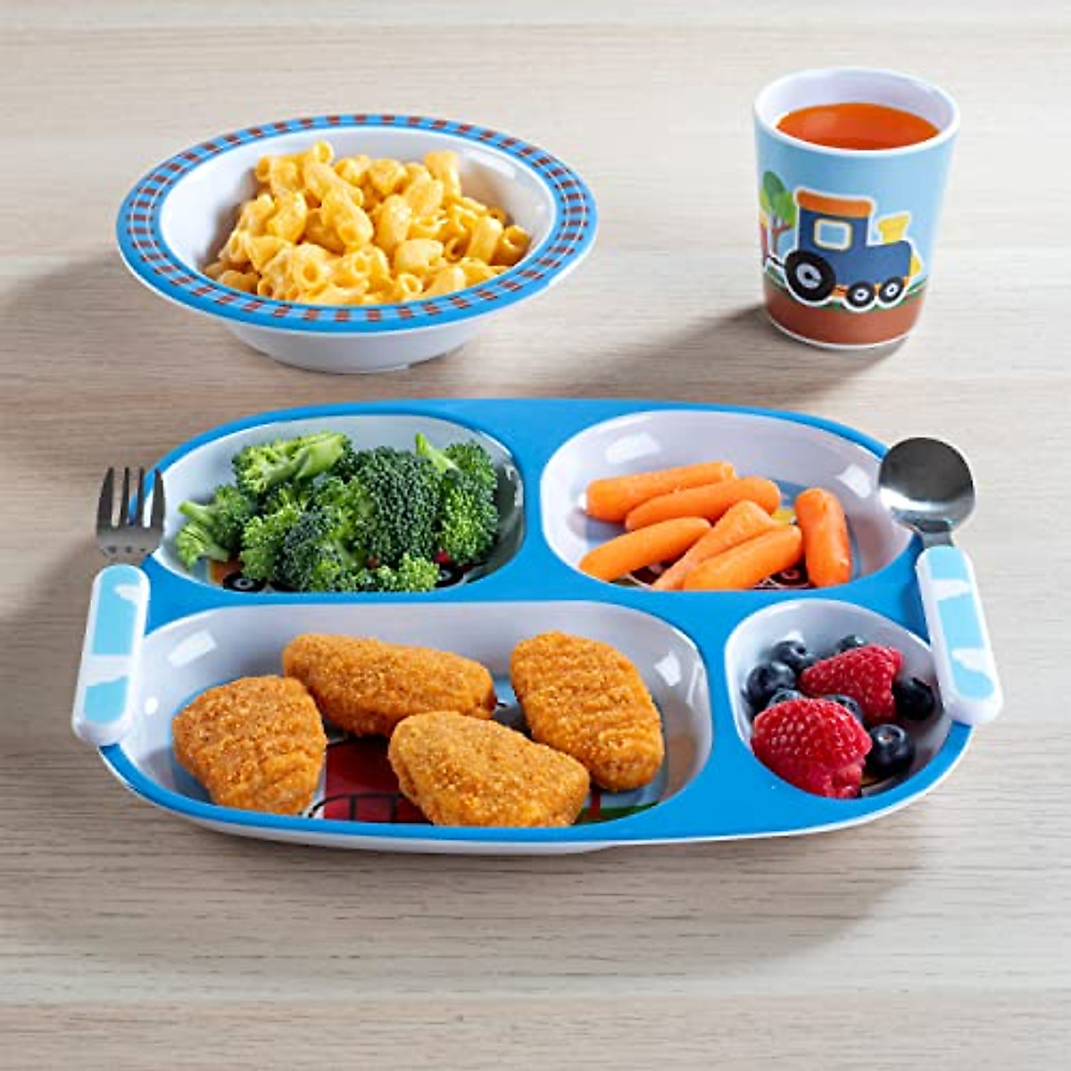 5 Pc Mealtime Set for Kids & Toddlers, Train Theme-Includes Divided Plate, Bowl, Fork & Spoon - Dishwasher Safe, Durable, BPA Free-Cute Compartment Dish to Put Food in 4 Sections for Easy Self-Feeding