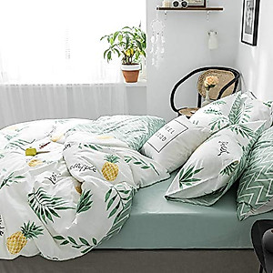 VClife Cotton Sage Green White Duvet Cover Reversible Boho Style Pineapple Herringbone Comforter Set Full Queen Size Bedding Set