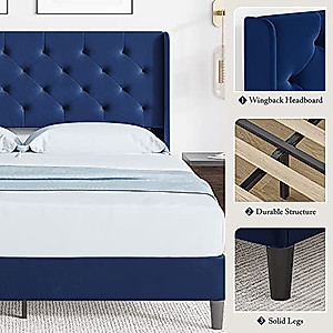 IDEALHOUSE Queen Size Bed Frame with Wingback, Upholstered Platform Bed with Diamond Tufted Headboard, Wooden Slats Support, Easy Assembly, Noise-Free, No Box Spring Needed, Dark Blue