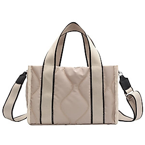 AZURAOKEY Puffer Tote Bag for Women, Fashion Crossbody Bags Cotton Padded Shoulder Crossbody Bag Quilted Hit Color Portable Zipper Autumn Winter Purse for Office Travel-Beige