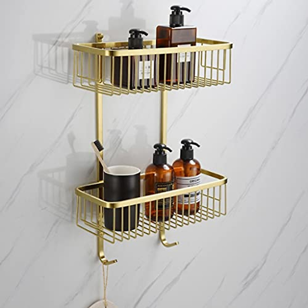 IRDFWH Bathroom Double Shelf Storage Rack Stainless Steel Brushed Gold Bathroom Shower Gel Shampoo Rack