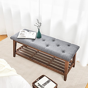 kinmars Upholstered Bench for Bedroom End of Bed,42.5-inch Entryway Bench for Living Room,Dining Bench with Padded Seat and Solid Wood Leg for Kitchen Bedroom,Indoor and Hallway (Shoe Bench, Grey)