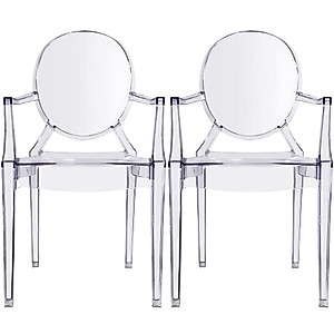 2xhome Set of 2 Clear Louis Ghost Dining Armchairs Polycarbonate Designer Acrylic Transparent Crystal Chair with Arms Glass Modern Mid Century Victorian See Through for Desk Kitchen