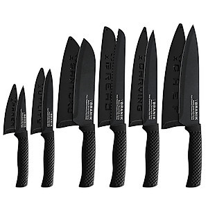 BRANIK 6Pc Black Kitchen Knife Set with Protective Sheaths & Giftbox, Premium German Steel with Special Non-Stick Coating making them Dishwasher Safe. Sharp black knives set for kitchen Knife set.
