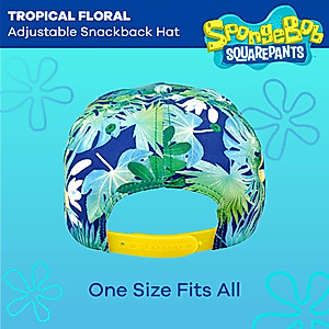 Spongebob Squarepants Baseball Cap, Tropical Floral Curved Brim Adjustable Snapback Hat, Blue and Green, One Size