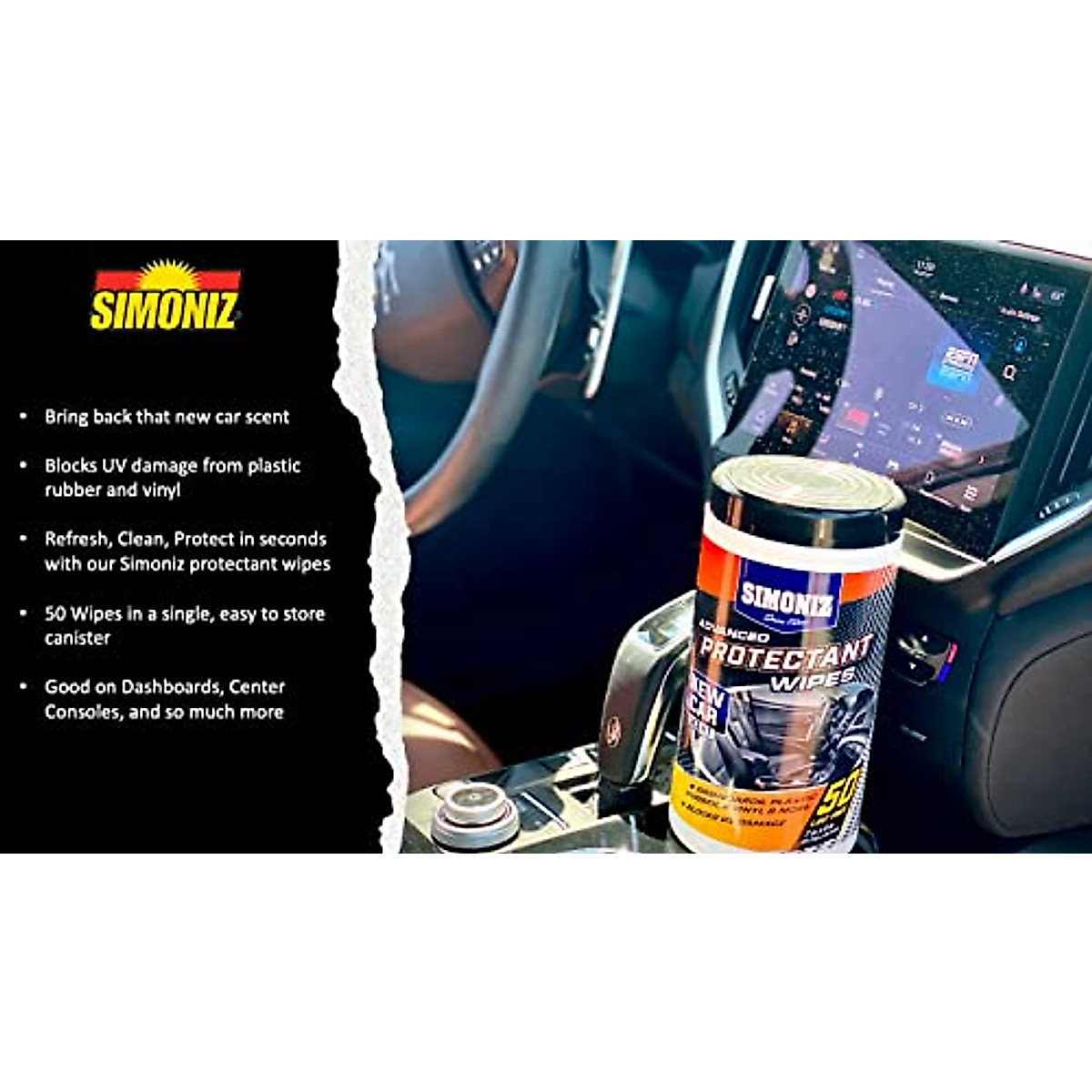 Simoniz New Car Scent Advanced UV Protectant Wipes Wipes – Interior Protectant or Most Surfaces -  Plastic, Rubber, Vinyl Dashboards, Seats, Doors & Tires -Great for Cars, Trucks, SUVs, Boats 50 Count