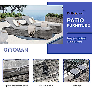Patiorama 4 Piece Patio Furniture Set, Outdoor Chaise Lounge Chair with Ottoman, All-Weather Grey PE Wicker Rattan Conversation Set, Adjustable Reclining Chaise for Beach Balcony Pool, Light Grey