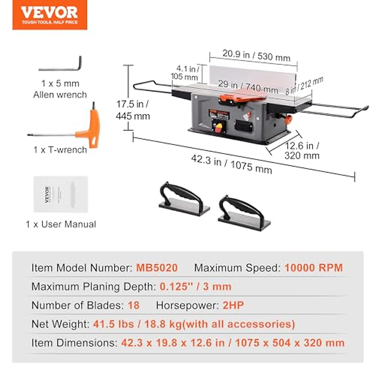 VEVOR Spiral Benchtop Jointer, 8-Inch, 2HP 10000 RPM Bench Top Wood Jointer, 18-Blade Spiral Cutterhead with Extendable Arm up to 6.5'' and 8x42.3'' Worktable 0-1/8'' Adjustable Depth, for Woodworking