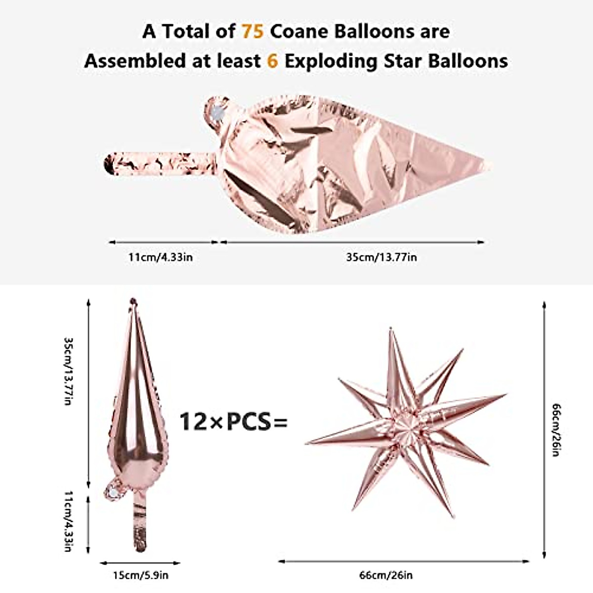 75 Pieces 26" Rose Gold Balloons Star Foil Balloons Mylar Balloons for Baby Shower, 12 Point Large Starburst Balloons for Gender Reveal, Wedding, Magical Prom or Engagement Party Decors Kids Surprise