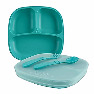 Re-Play Made in USA 5 Piece Toddler Feeding Set includes 2 Divided Plates, Silicone Storage Lid, Utensils - Made from Recycled Milk Jugs - Aqua
