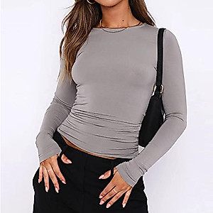 Women's Casual Basic Crop Tops Slim Fit Long Sleeve Crew Neck Solid Color Fall Pullover Shirts Tight Tee (Light Grey, S)