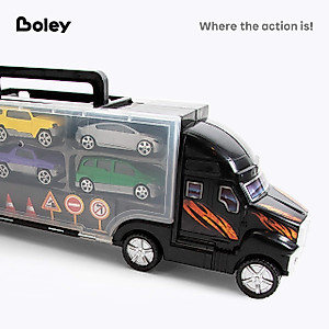Boley Die Cast Car Truck Carrier - 14 Piece Toy Trucks, Cars, and Traffic Signs Playset for Kids and Toddler Boys and Girls Ages 3 and Up