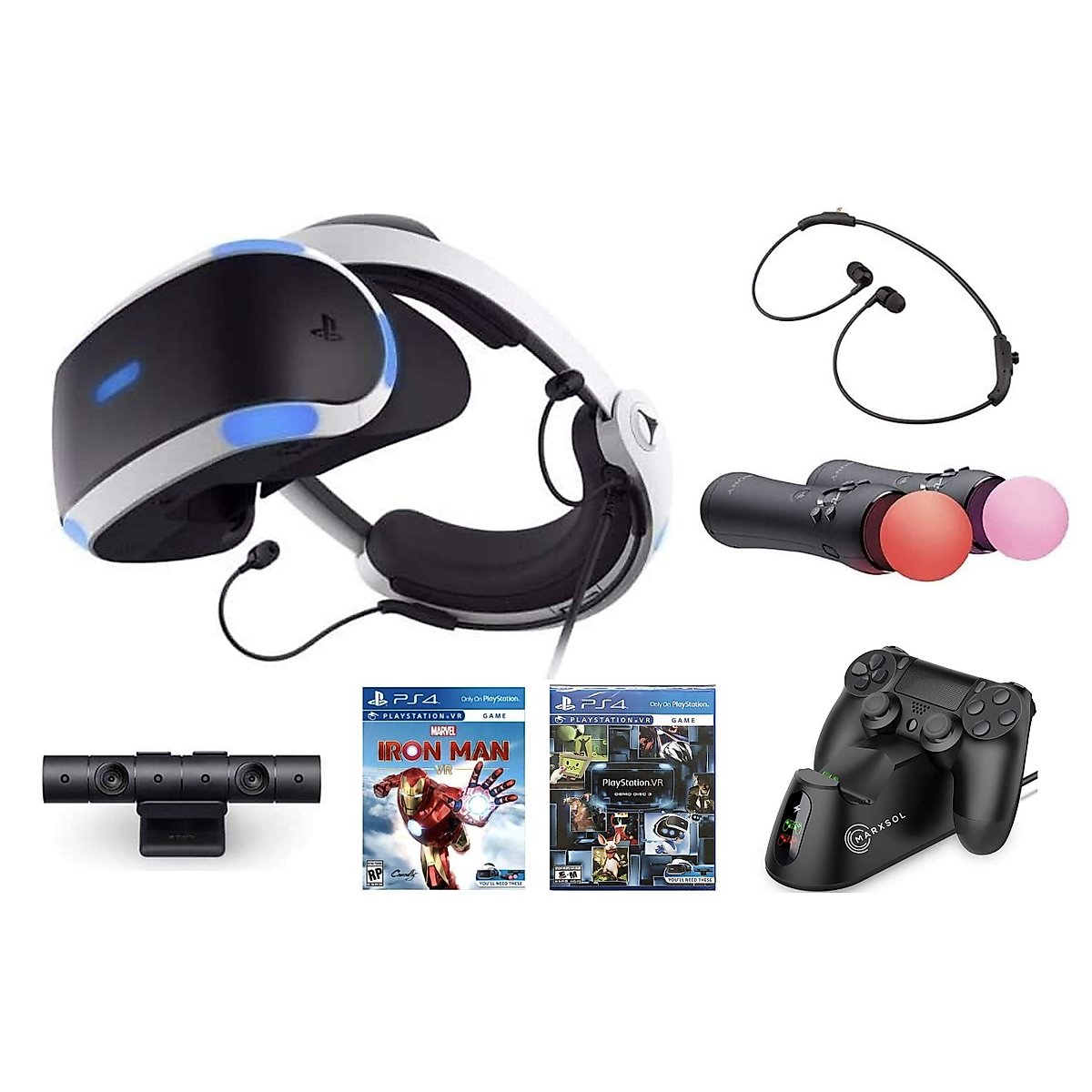 Newest Playstation VR Iron Man, Compatible with PS4 & PS5: VR Headset, Camera, Move Motion Controllers, Iron Man + Marxsol PS4 Controller Fast Charging Dock Bundle