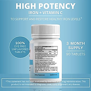 High Potency Carbonyl Iron Tablet 65 mg with 270 mg Vitamin C (90 Count), Dye Free (Pack of 1)