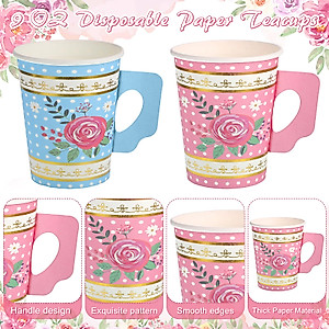 200 Pcs Disposable Tea Party Cups and Saucers Set, 50 Guests Floral Tea Party Supplies Include 9 oz Paper Tea Cups with Handle, 9 Inch Paper Plates, Saucers Napkins for Tea Party Birthday Wedding