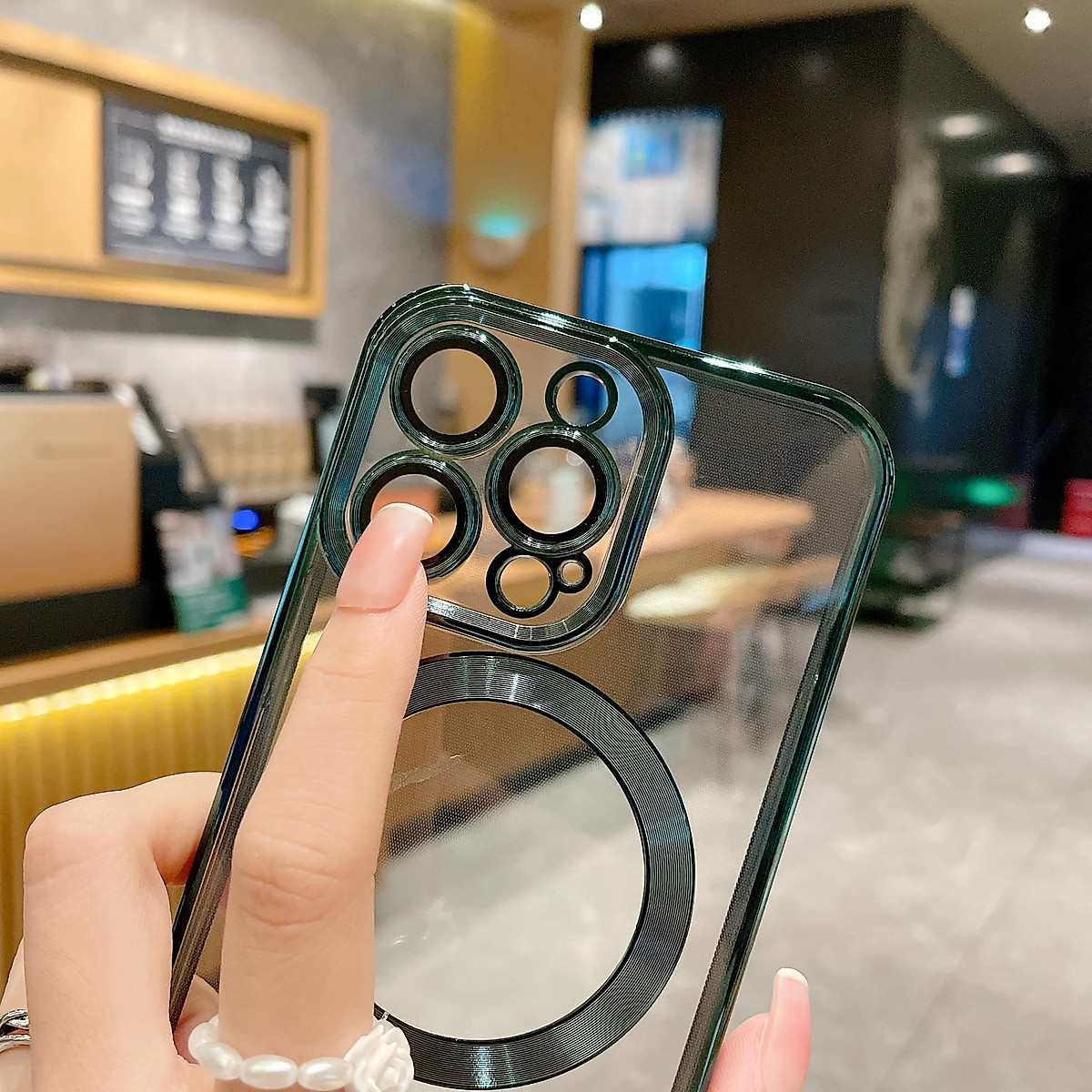 Uioeua Compatible with iPhone 13 Pro Max Magnetic Clear Case,Luxury Plating Bling Transparent Shockproof MagSafe Case with Full Camera Lens Protector for iPhone 13 Pro Max Women Girl Men-Green