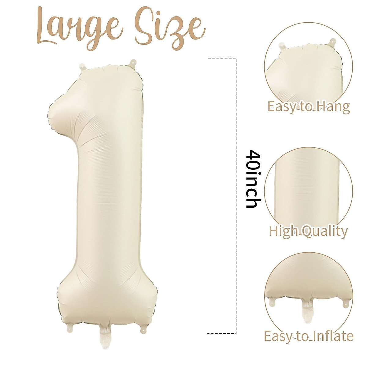 40 Inch Cream White 1 Balloon Numbers, Large Number 1 Balloon Foil Helium Number Balloons, Big 1st Mylar Birthday Balloons for Boys Girls 1st Birthday Party Decorations Anniversary Party Supplies