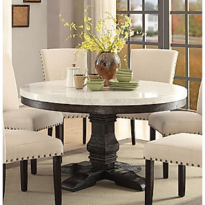 Acme 7PC Round White Marble Top Weathered Black Finish Wood Dining Table Set