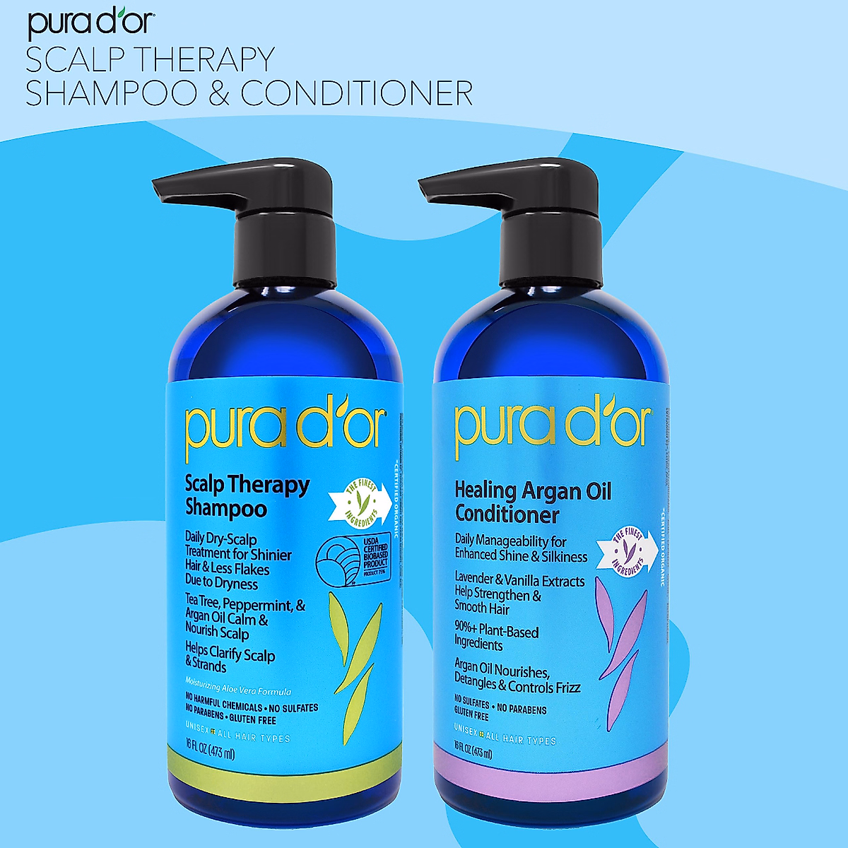 PURA D'OR Scalp Therapy Shampoo & Conditioner Set (16oz x 2) Dry, Itchy Scalp-Hydrates & Nourishes Hair w/Tea Tree, Peppermint, Argan Oil & Biotin, All Hair Type, 3 in 1, Men Women (Packaging Varies)