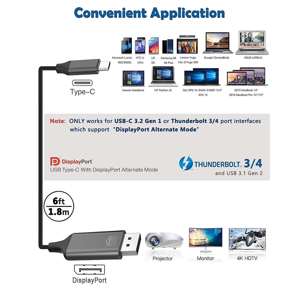 QuadriValue USB-C to DisplayPort Adapter, Thunderbolt 3, 6FT Long, DP 1.4, Compatible with Samsung Galaxy S20, LG G8, OnePlus 7 Pro, HTC U11+ and More