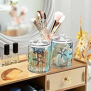 DOMIKING Algae Corals Seashells 2 Pack Cotton Swab Holder Dispenser Plastic Jar Bathroom Storage Canister Acrylic Containers for Cotton Ball Cotton Swab Cotton Round Pads