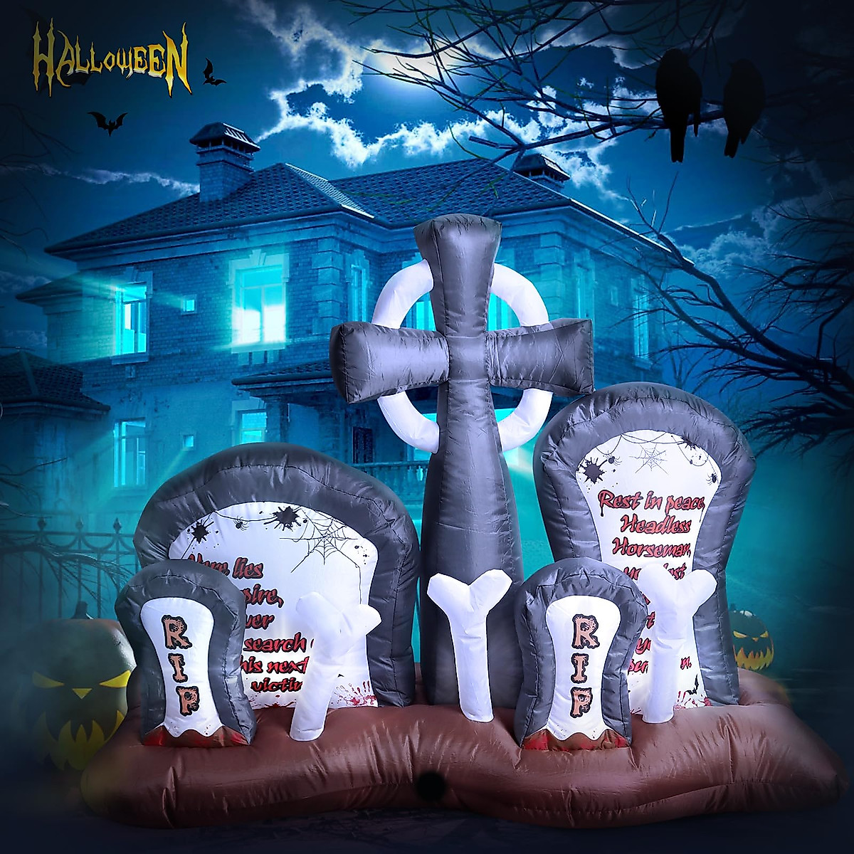 SSFWdecor Halloween Inflatables Outdoor Decorations - 5FT Tombstone and Cross Halloween Inflatable Decor with 3 Built-in Led Light - Halloween Scary Blow Up Decoration for Yard Outside Party Holiday
