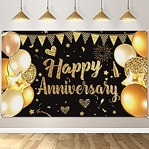 Black Happy Anniversary Party Banner Backdrop, Large Black Gold Wedding Anniversary Banner, Valentine's Day Anniversary Party Background Poster Wedding Anniversary Birthday Party Decorations
