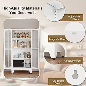 pozdeg Metal Storage Cabinet, Kitchen Pantry Cabinet with 2 Cross Door Panels and 3 Adjustable Shelves, Versatile Storage Pantry for Living Room Office Laundry Dining Room or Outdoor (White)