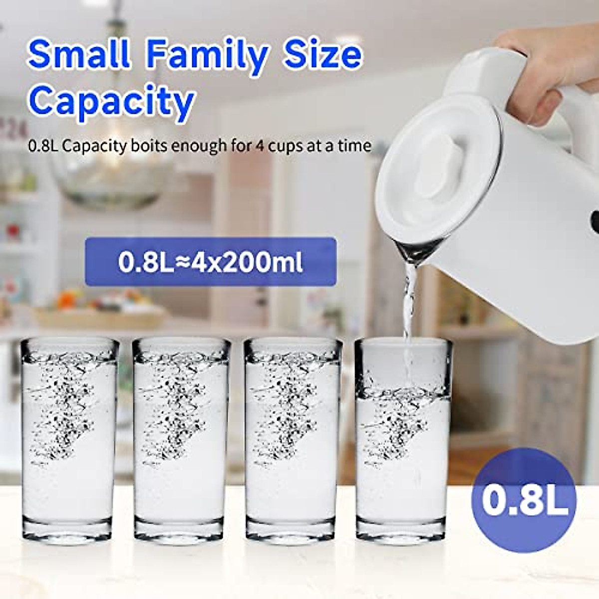 Small Electric Kettle Stainless Steel, 0.8L Portable Travel Kettle with Double Wall Construction, Mini Hot Water Boiler Heater, Electric Tea Kettle for Business Trip, Camping, Travel, Office (White)