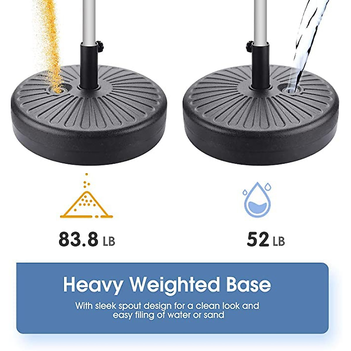 FRUITEAM Water Filled 50LB Patio Umbrella Base, Heavy Duty Plastic Outside Patio Umbrella Stand Pole Holder, 1.49-inch Steel Pole Weighted Market Umbrella Base for 6-9Ft Straight-Pole Garden Umbrella