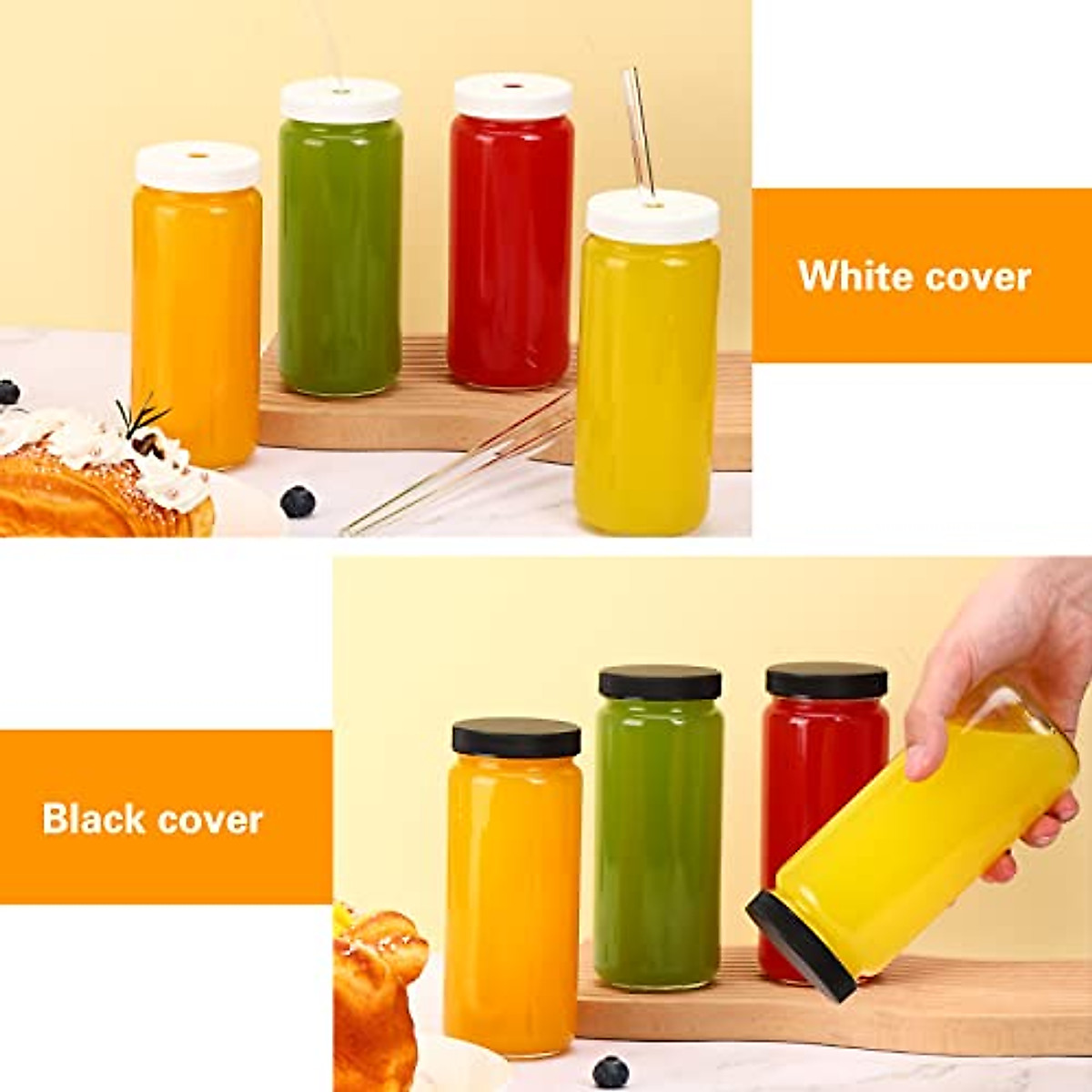 CUCUMI 4pcs 16oz Glass Juice Bottles with Lids, Reusable Juice Containers Drinking Jars Water Cups with Brush, Glass Straws, Lids with Hole