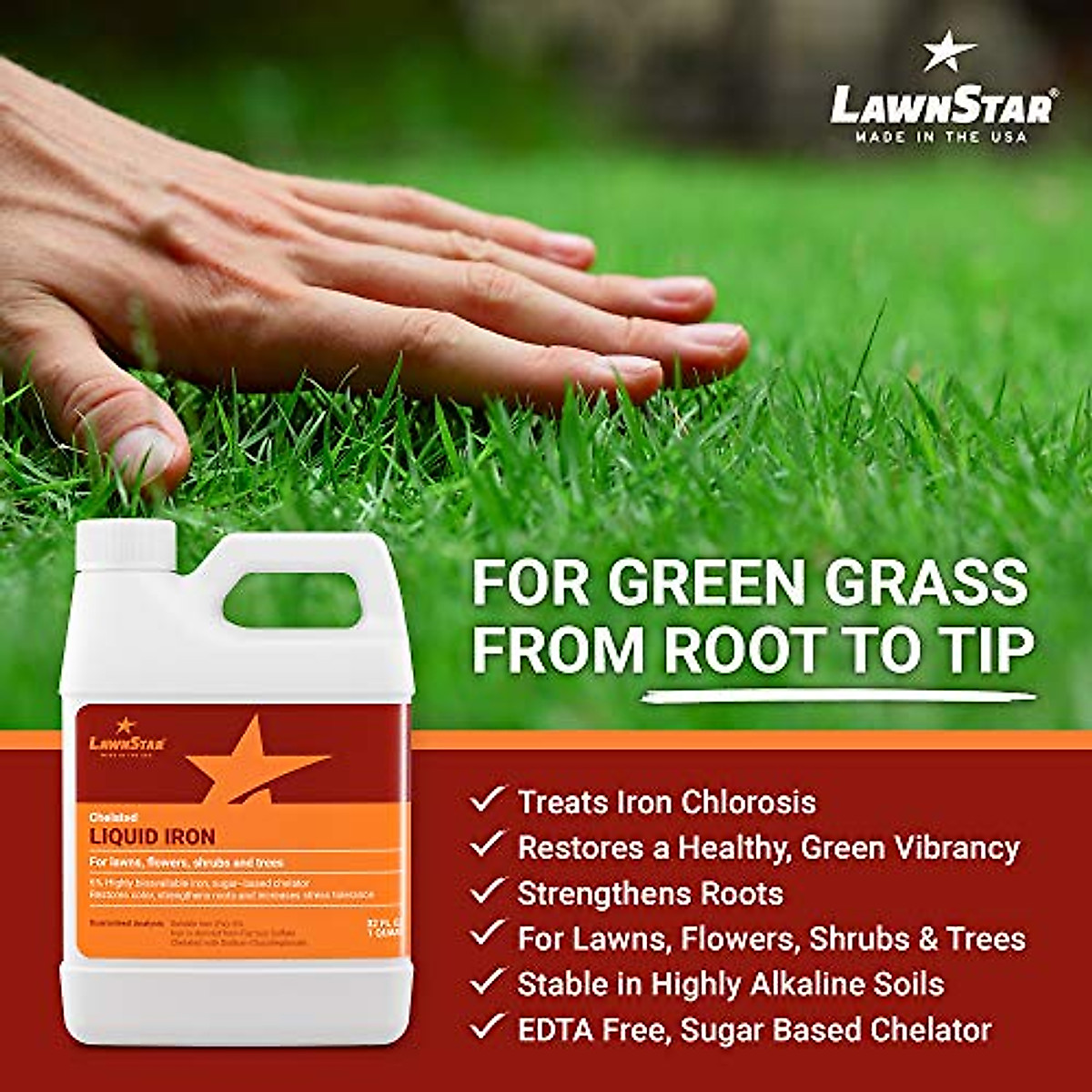 LawnStar Chelated Liquid Iron (32 OZ) for Plants - Multi-Purpose, Suitable for Lawn, Flowers, Shrubs, Trees - Treats Iron Deficiency, Root Damage & Color Distortion – EDTA-Free, American Made