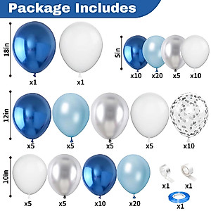 Metallic Blue Silver Balloons Garland Arch Kit, 117Pcs 18/12/10/5 Inch Chrome Blue Light Blue White Sliver Confetti Balloons for Baby Shower Birthday Wedding Graduation Party Decorations