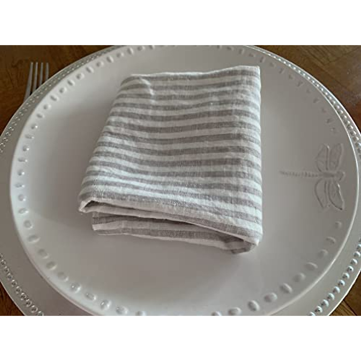 Linen Napkins – 100% French Flax – Stonewashed Pure Linen Cloth Napkins – Mitered Corners – Set of 4 (Gray/White Stripe)