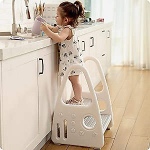 Toddler Step Stool, Kids Two Step Tower for Bathroom Sink, Toilet Potty Training, Kitchen Counter, Children Step Up Learning Helper with Safety Handles and Non-Slip Pads,Gray