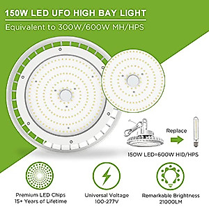 UFO LED High Bay Light 150W LED Warehouse Lights IP65 for Wet Location LED Commercial Area Lighting Fixture for Gym Factory Warehouse ETL Certified 5' Cable 5000K 1-10V Dimmable 21000LM White 2Pack